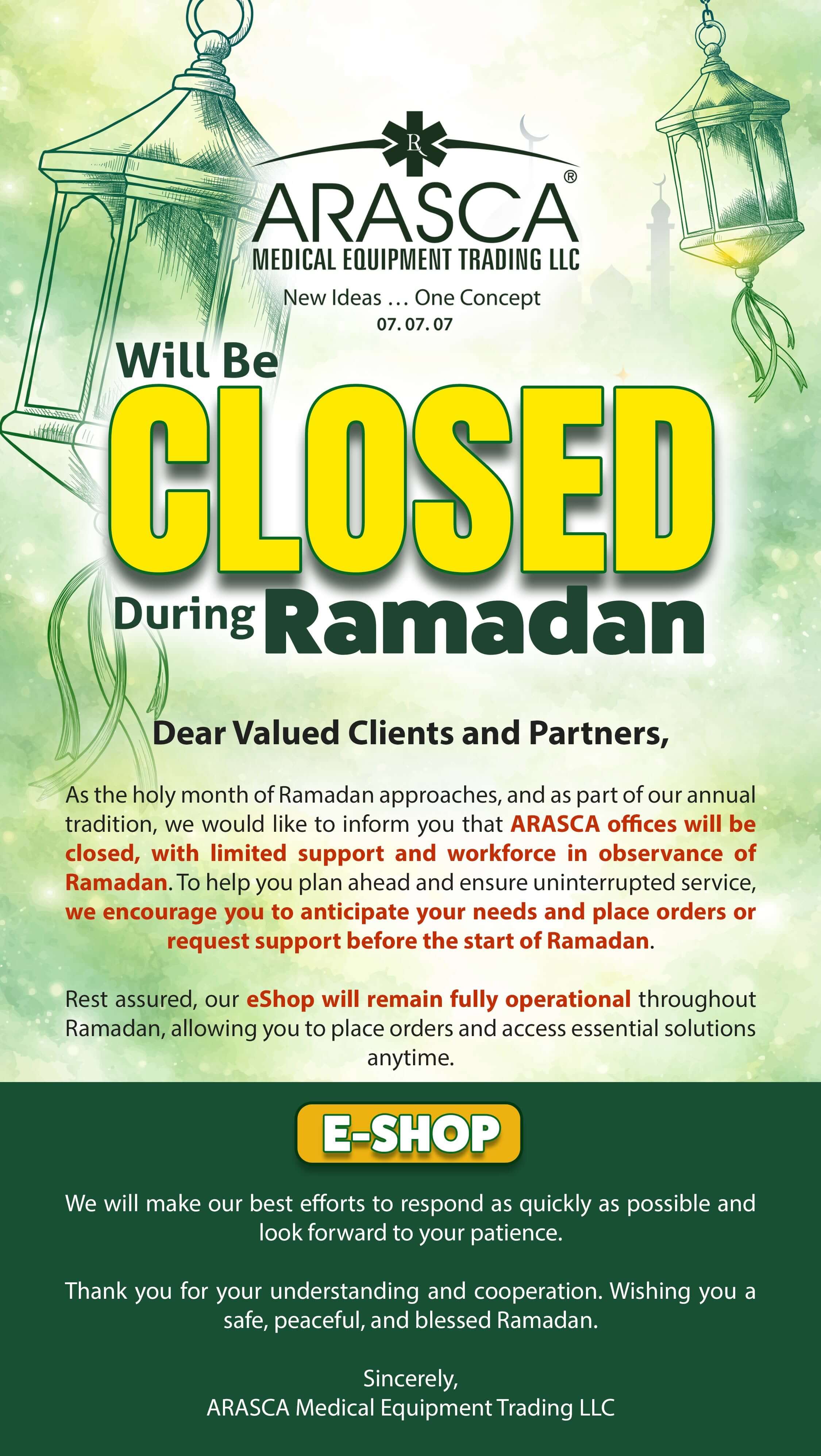ARASCA will be CLOSED during Ramadan 2026 - ARASCA Medical Equipment ...
